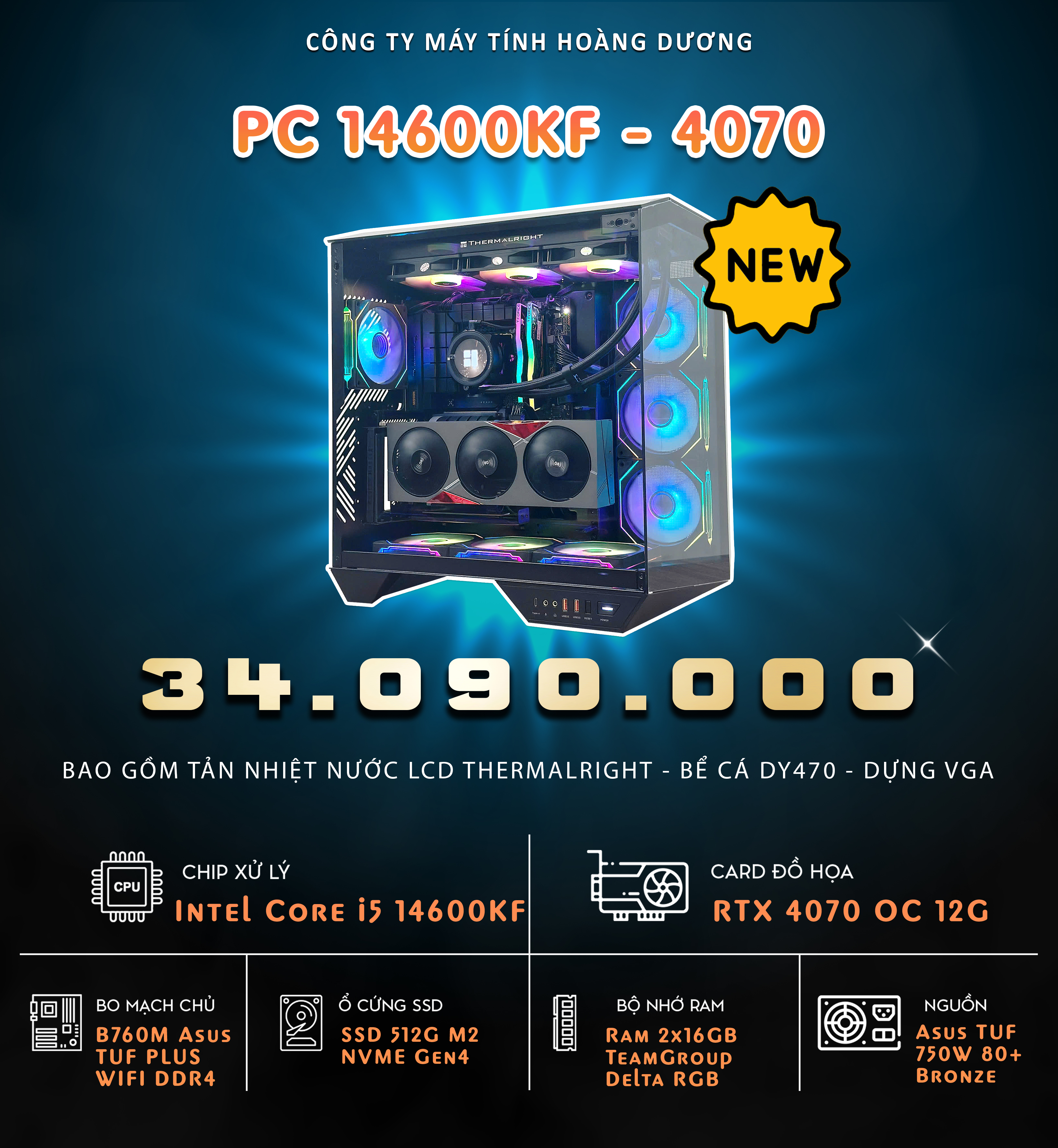 PC HD 14600KF 4070 (i5 14600KF - 32Gb Ram - SSD 500G - RTX 4070)